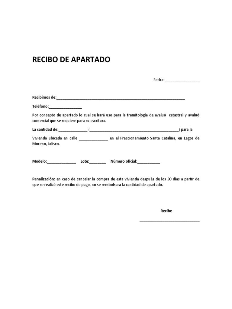 Recibo de Apartado de Inmueble | PDF | Finanzas y dinero | Derecho