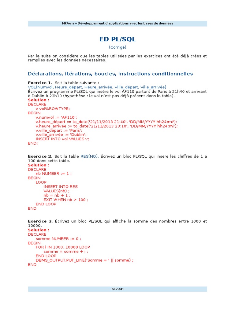 PL/SQL : Exercices de Développement de Bases de Données | PDF | SQL ...