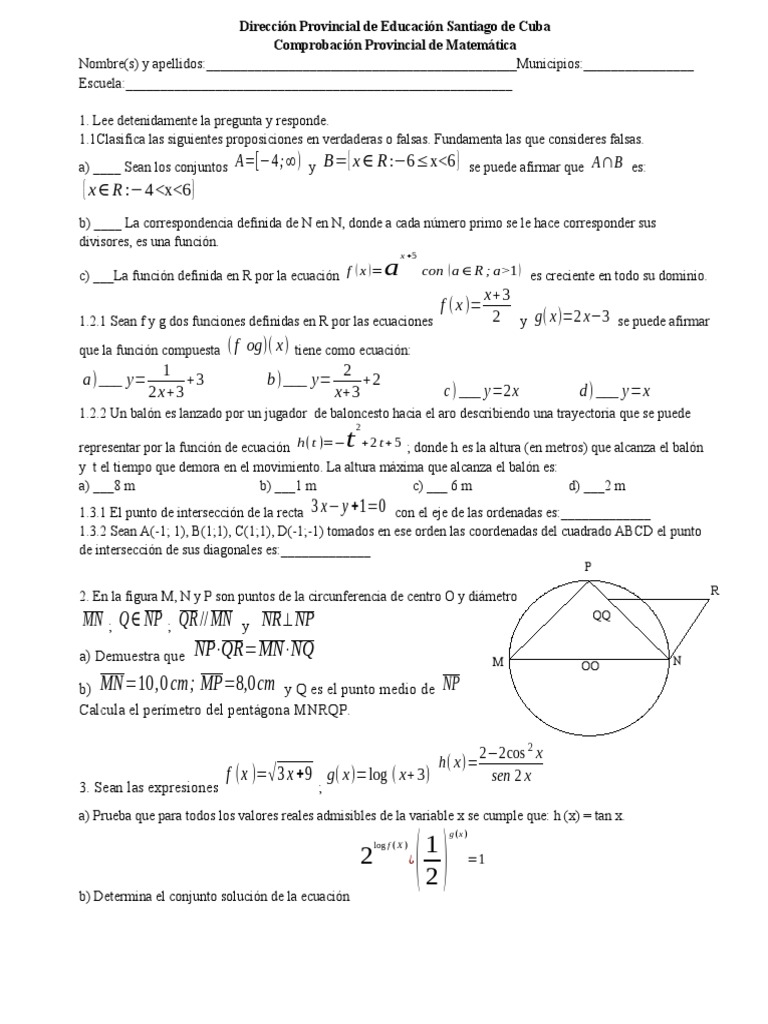 Comprobación Provincial de Matemática Duodécimo Grado | PDF