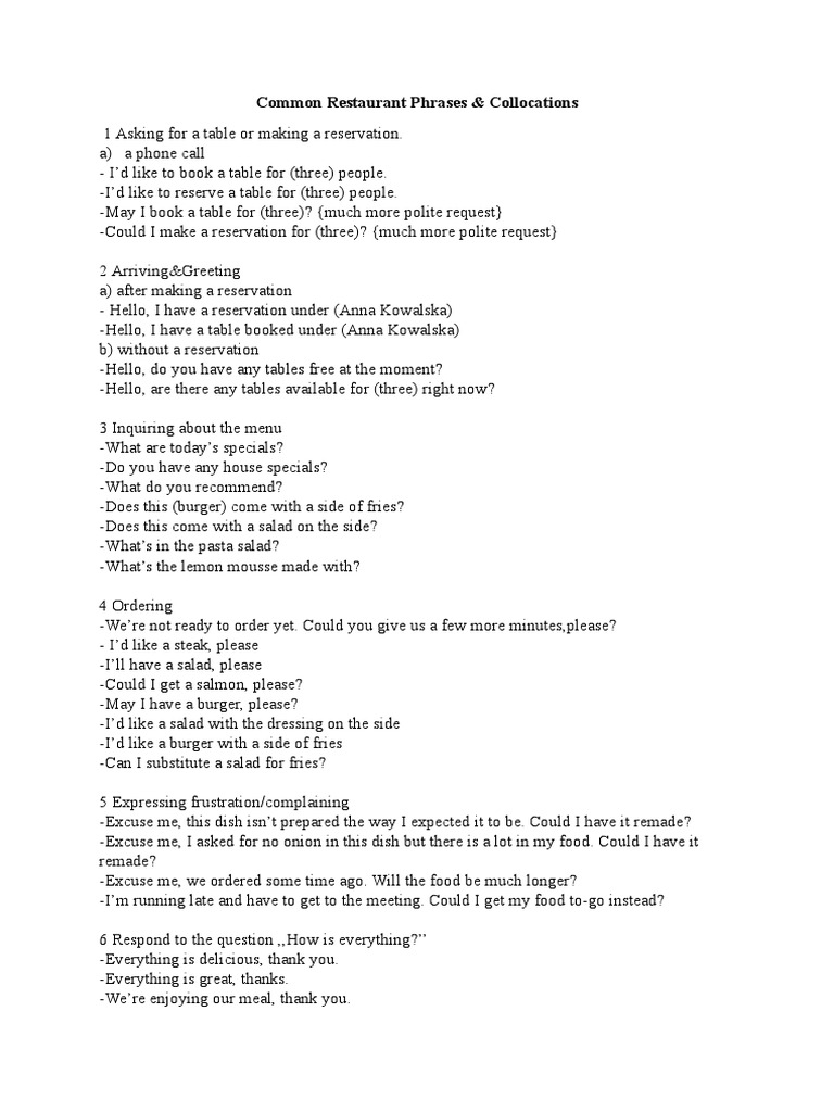Common Restaurant Phrases | PDF | Language Arts & Discipline | Lifestyle