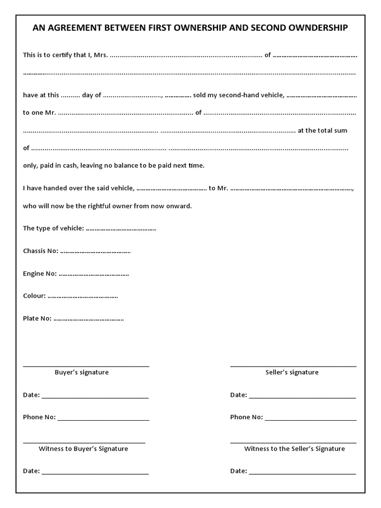 Transfer of Ownership Agreement for the Sale of a Used Vehicle from Mrs ...