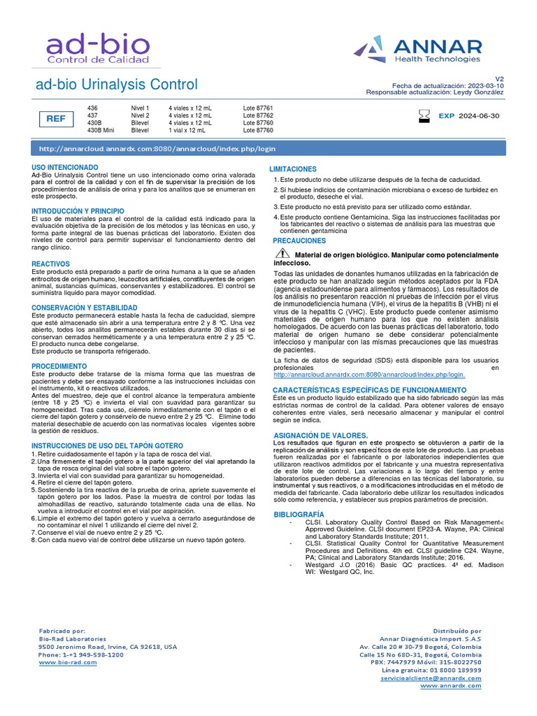 436 Ad-Bio Urinalysis Control Level 1 Lote 87761 V2 20230310 | PDF ...