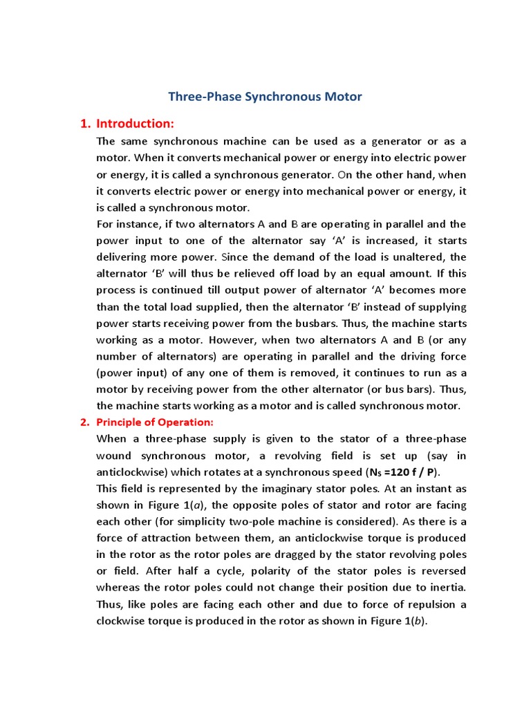 Three-Phase Synchronous Motor: 2. Principle of Operation | PDF