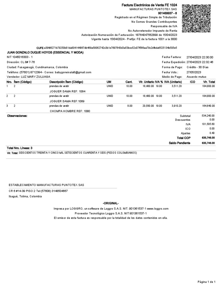 Fusa 1024 Manufactura Puntotex | PDF