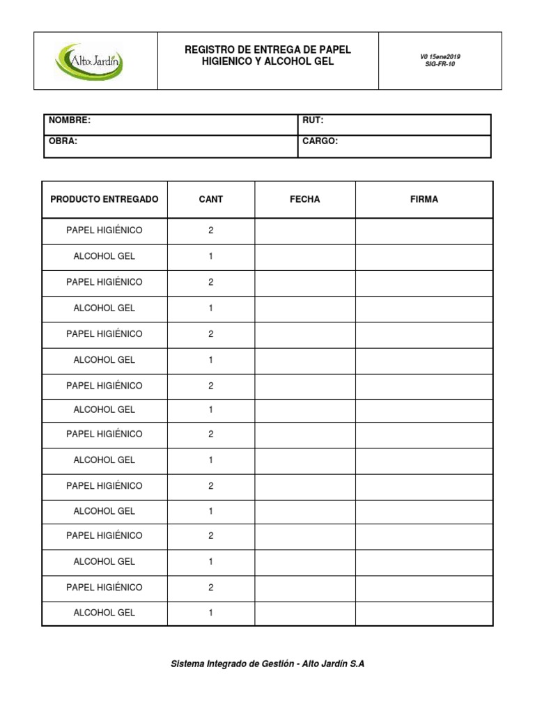 Sig Fr 10 Registro De Entrega Papel Higienico Y Alcohol Gel V0 Pdf