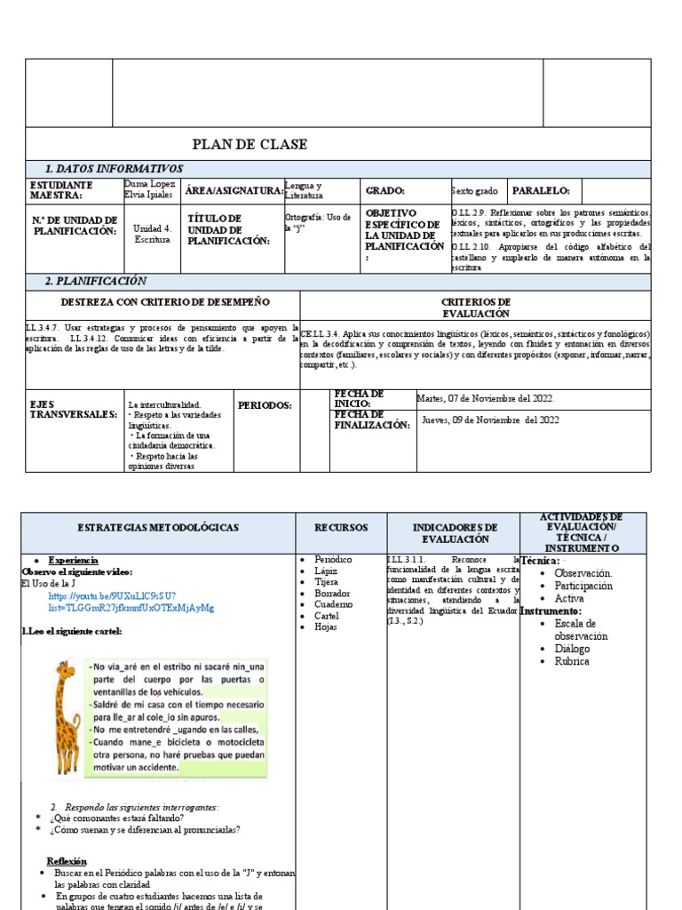 Plan de Clase Ortografia | PDF | Ortografía | Escritura