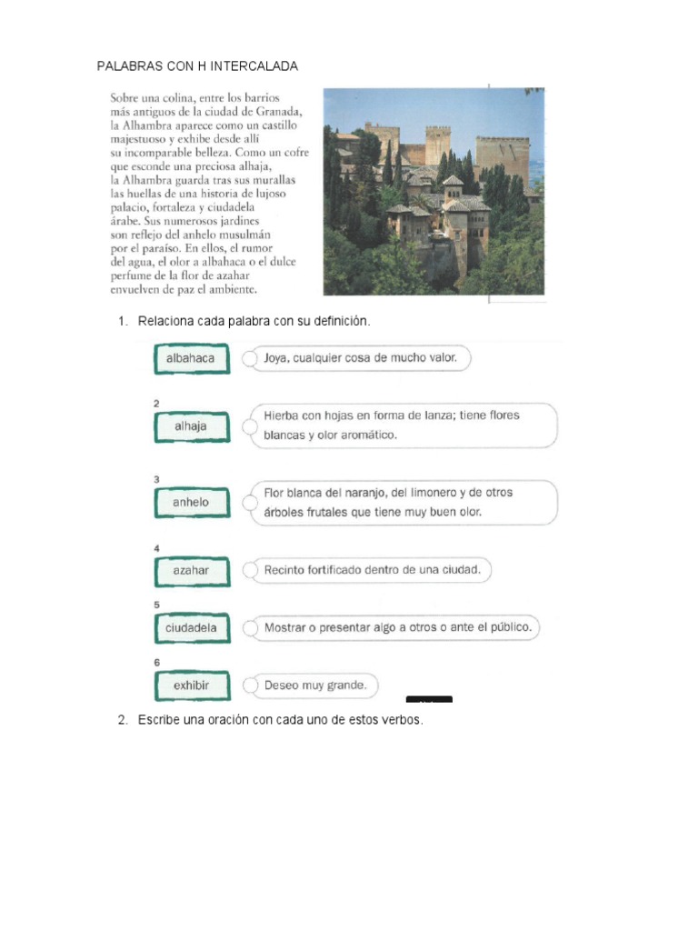 PALABRAS CON H INTERCALADA Actividades de 3° Plan Lengua. | PDF