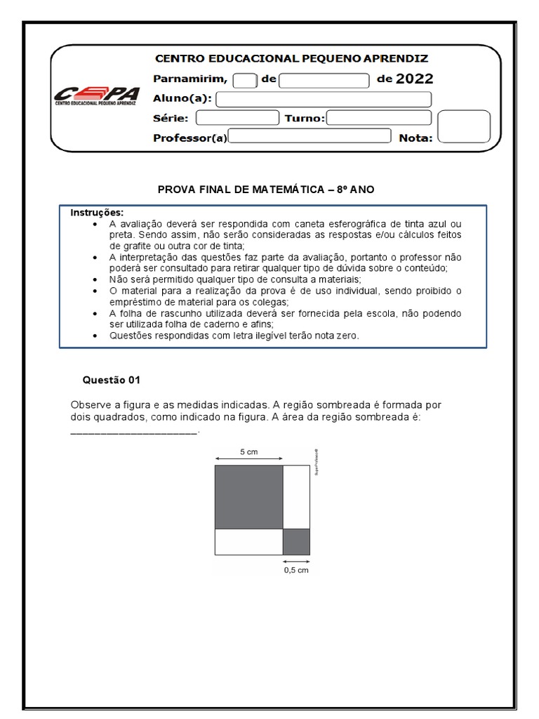Prova Final de Mat. 8 Ano 22 | PDF