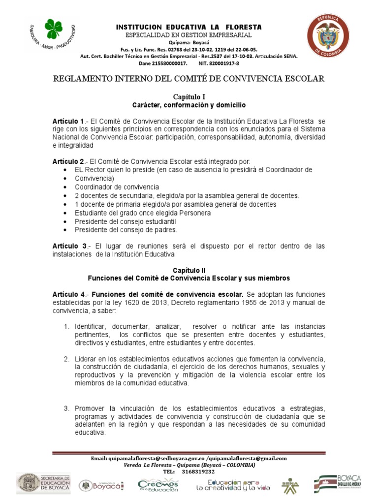 Reglamento Interno Del Comité de Convivencia Escolar | PDF | Institución | Justicia