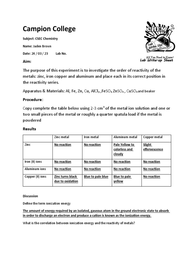 Metal Reactivity Lab Report | PDF | Ion | Metals