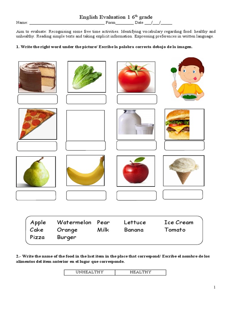 6th Grade English Evaluation: Food & Activities | PDF | Cuisine | Food ...