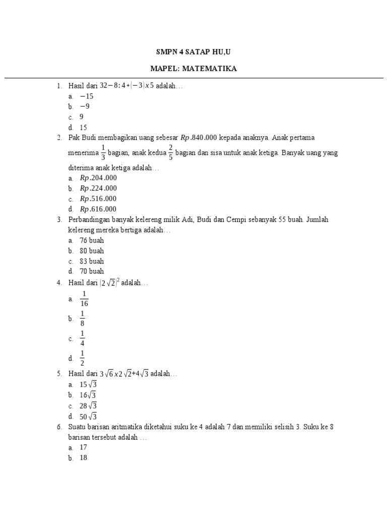Soal UJIAN Sekolah Matematika | PDF