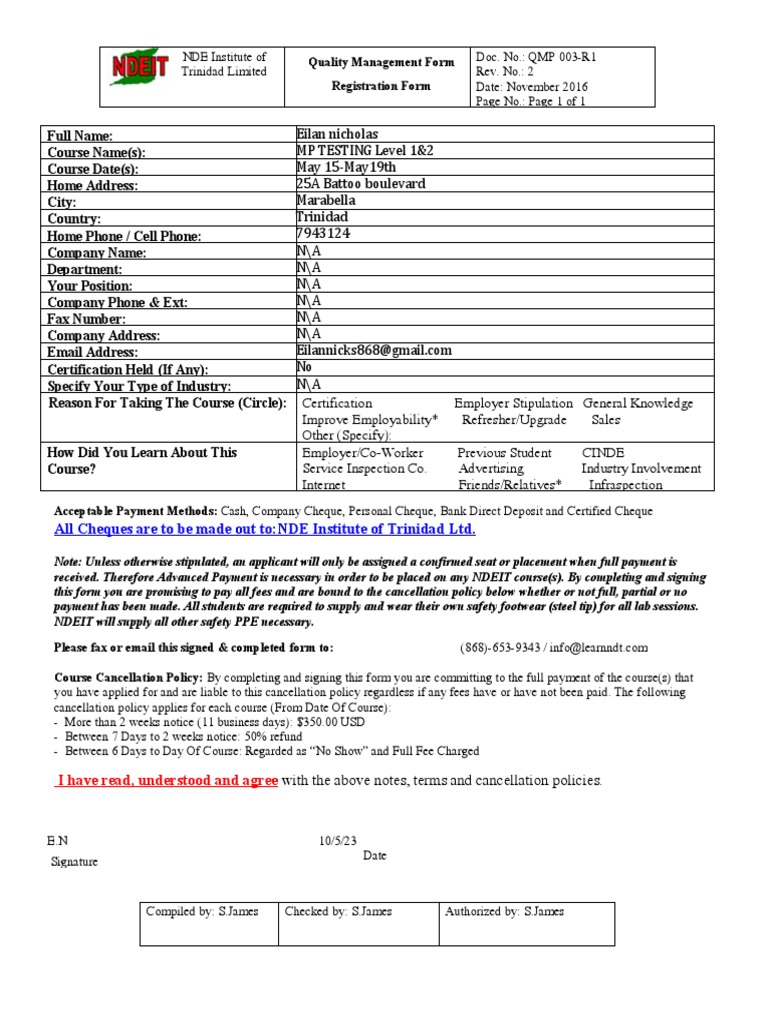 NDE Institute Registration Form | PDF | Cheque | Payments