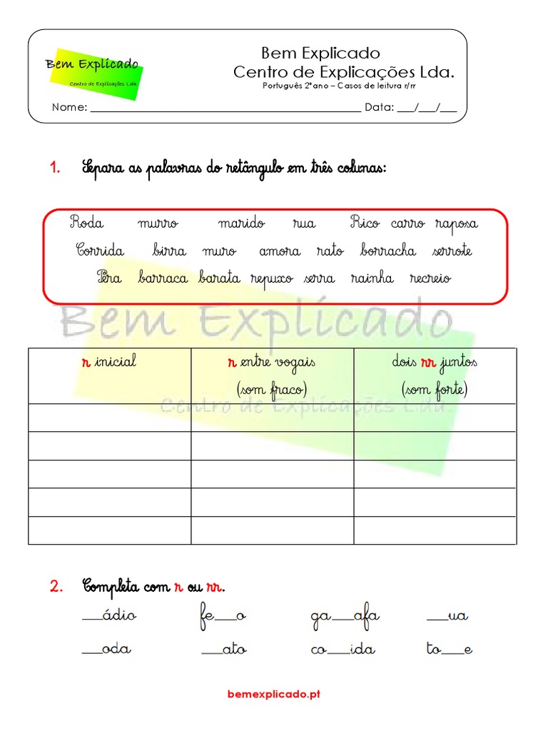 Ficha PT 2º Ano - Casos de Leitura - R - RR | PDF