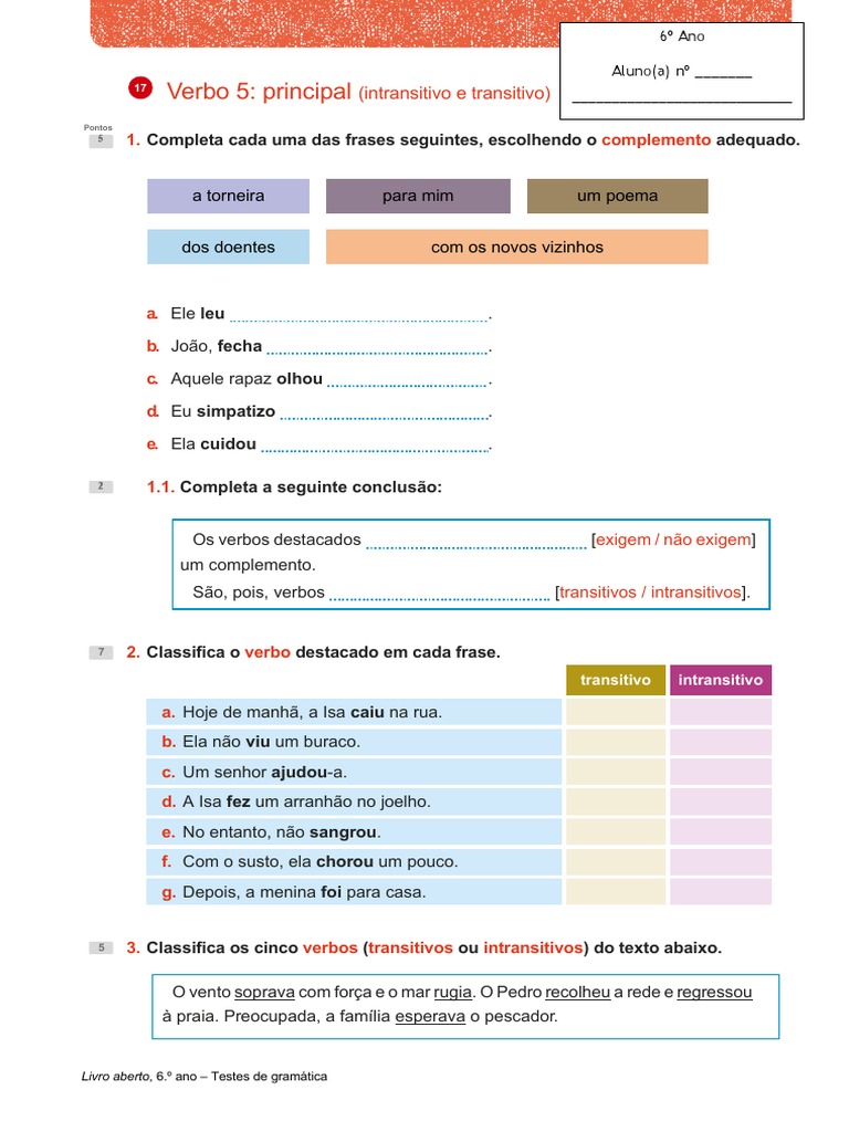 Teste De Gramática Sobre Verbos Transitivos E Intransitivos Pdf
