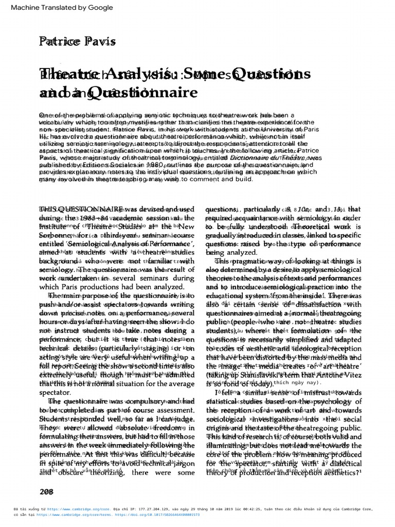 PAVIS, Theatre Analysis - Some Questions and A Questionnaire | PDF