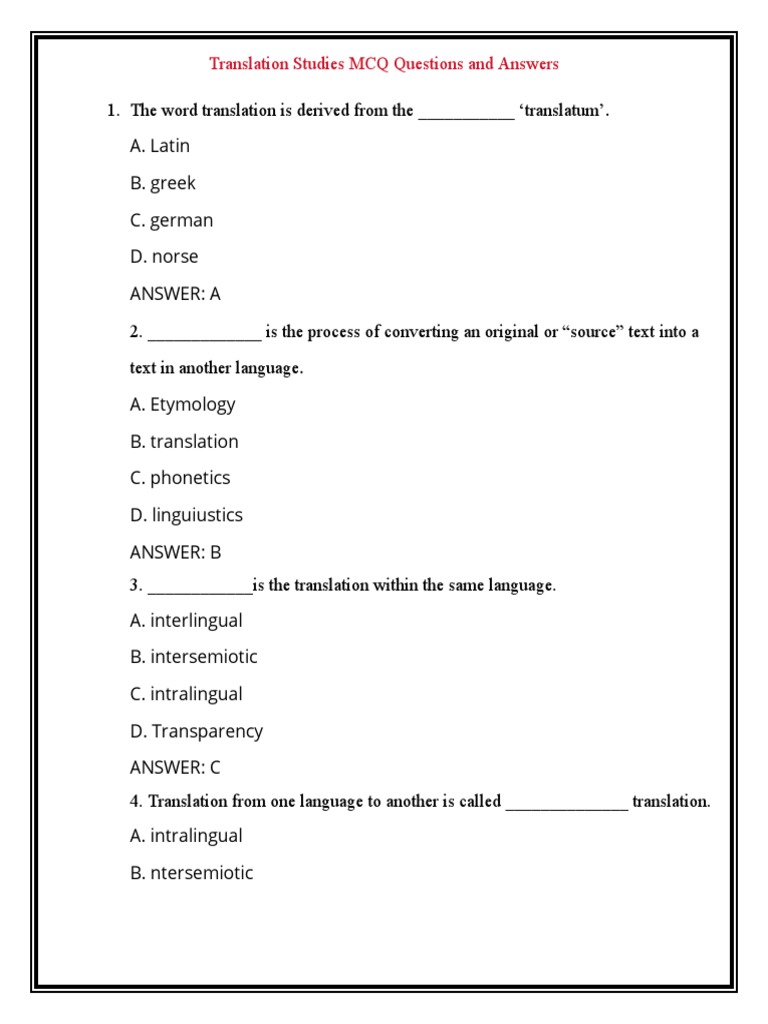 Translation Studies MCQ Questions and Answers | PDF