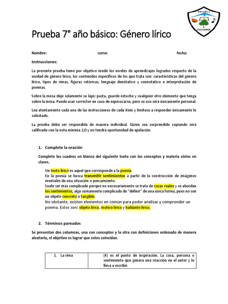 Prueba 7° Género Lírico Solución | Descargar gratis PDF | Poesía