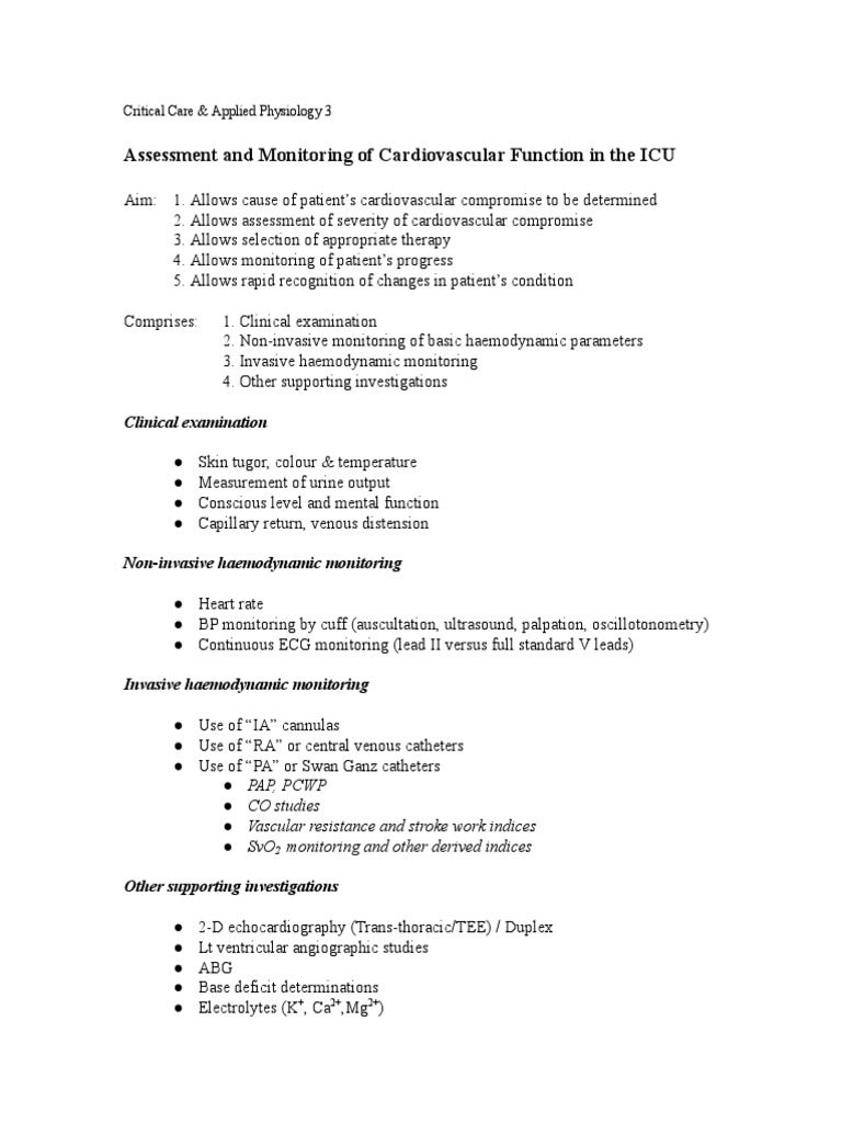CCAP 3 Handout - Assessment of CVS in ICU | PDF