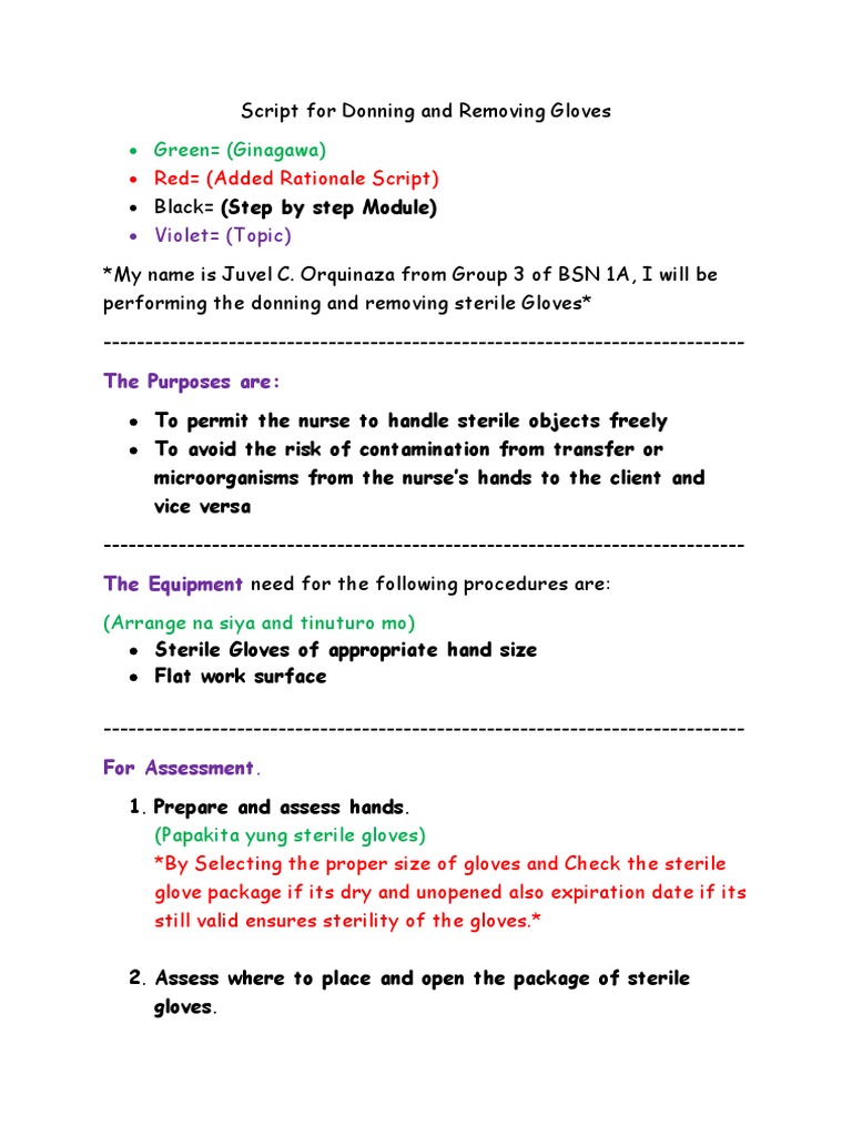 Script For Donning and Removing Gloves BSN | PDF