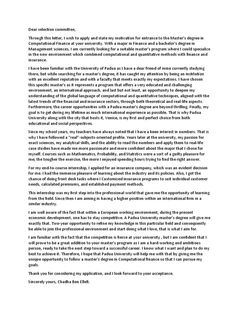 Motivation Letter Padova | PDF | University | Master's Degree