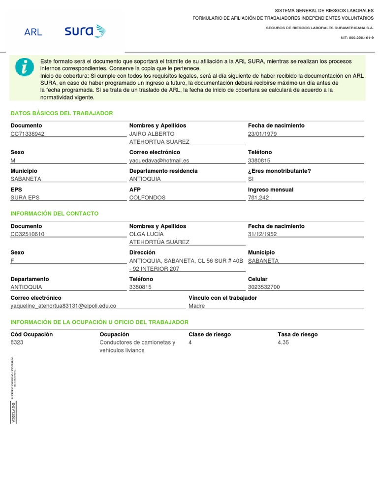 Formulario Afiliacion Arl Sura | PDF | Naturaleza