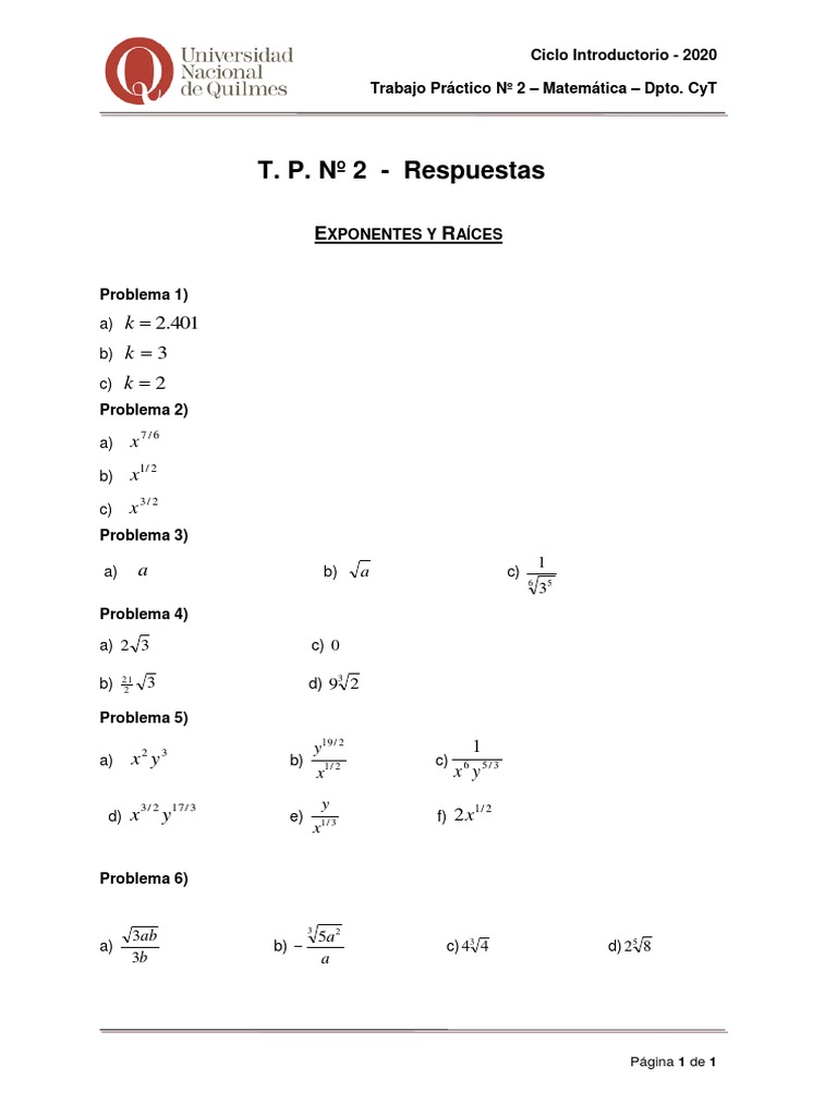 Respuestas T.P 2 Exponentes y Raíces | PDF | Métodos y materiales de ...