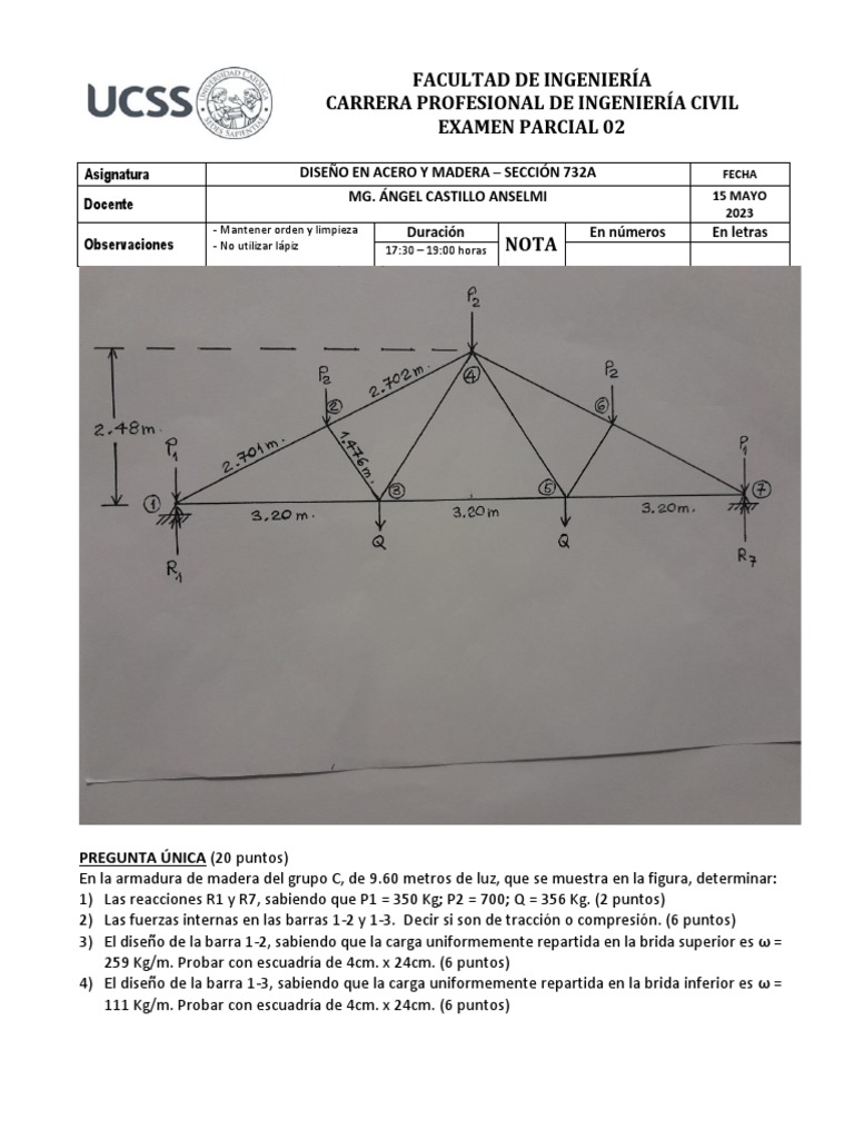 Examen Parcial 02 de Diseño en Acero y Madera, Sección 732A 2023-I | PDF