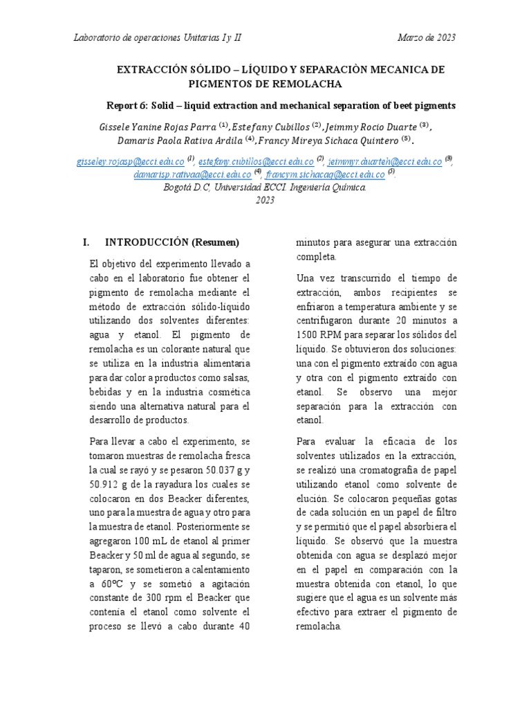 Informe Extraccion Sol Liq Sep Mecanicas | PDF | Cromatografía | Agua