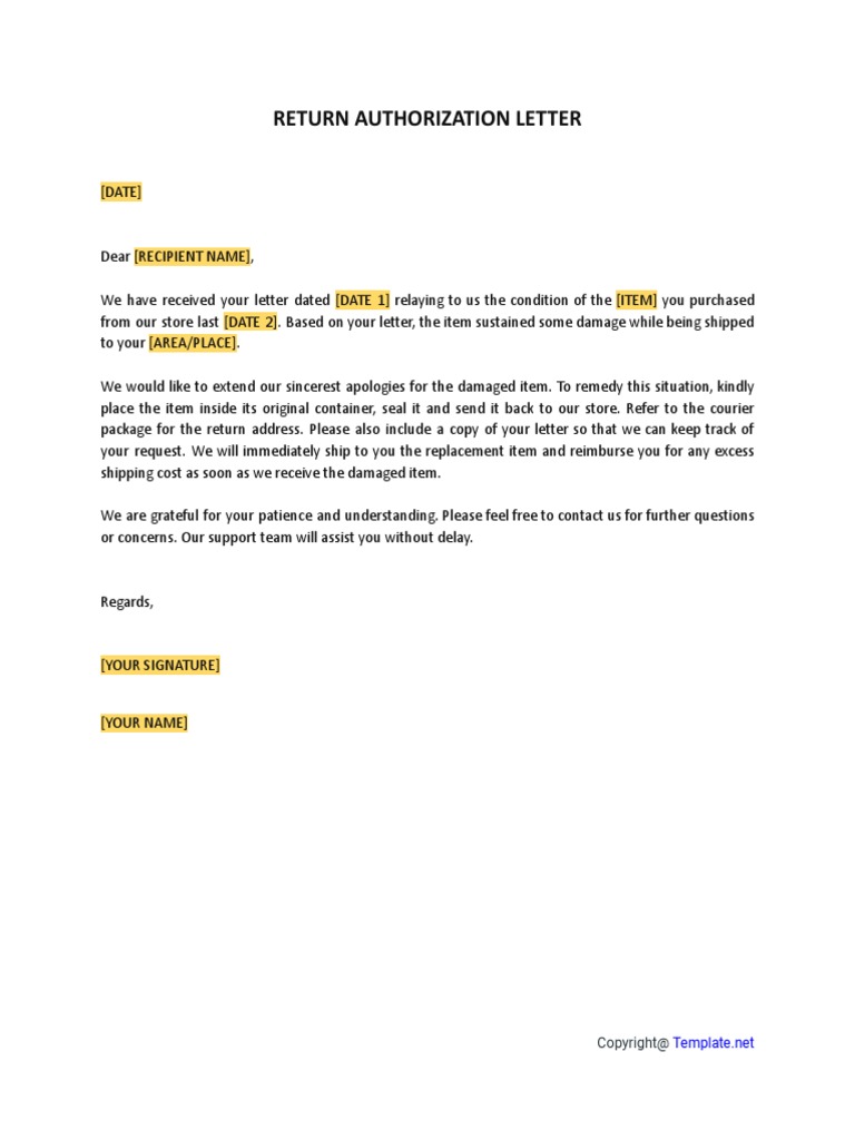 Return Authorization Letter Template | PDF