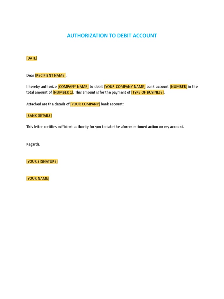Authorization to Debit Account Letter | PDF | Business | Finance ...
