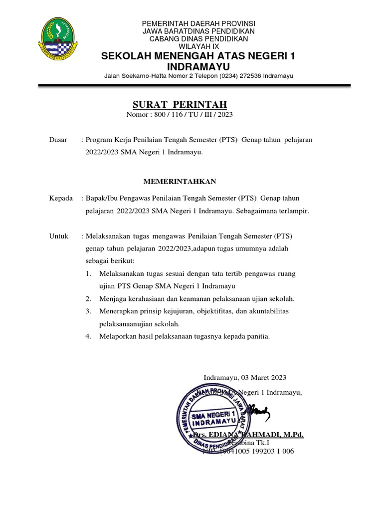 SURAT PERINTAH TUGAS MENGAWAS PTS GENAP TP. 2022-2023 | PDF