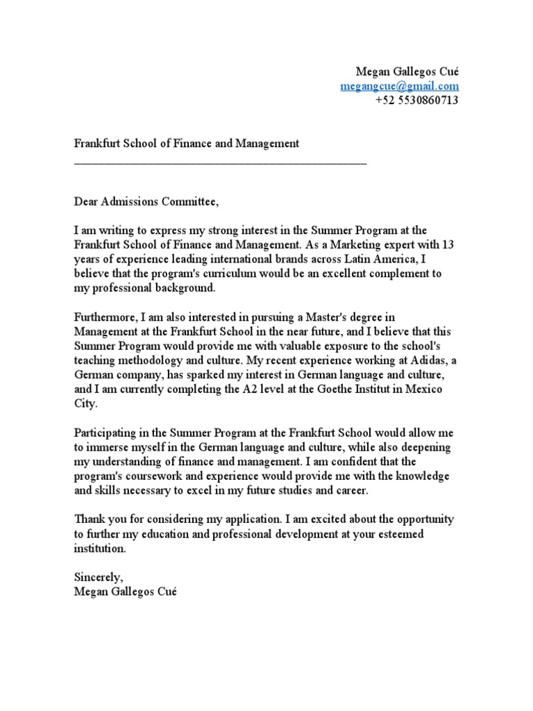 Motivation Letter for Frankfurt School | PDF