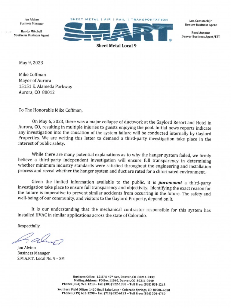 Union Letter To Aurora Mayor Mike Coffman | PDF