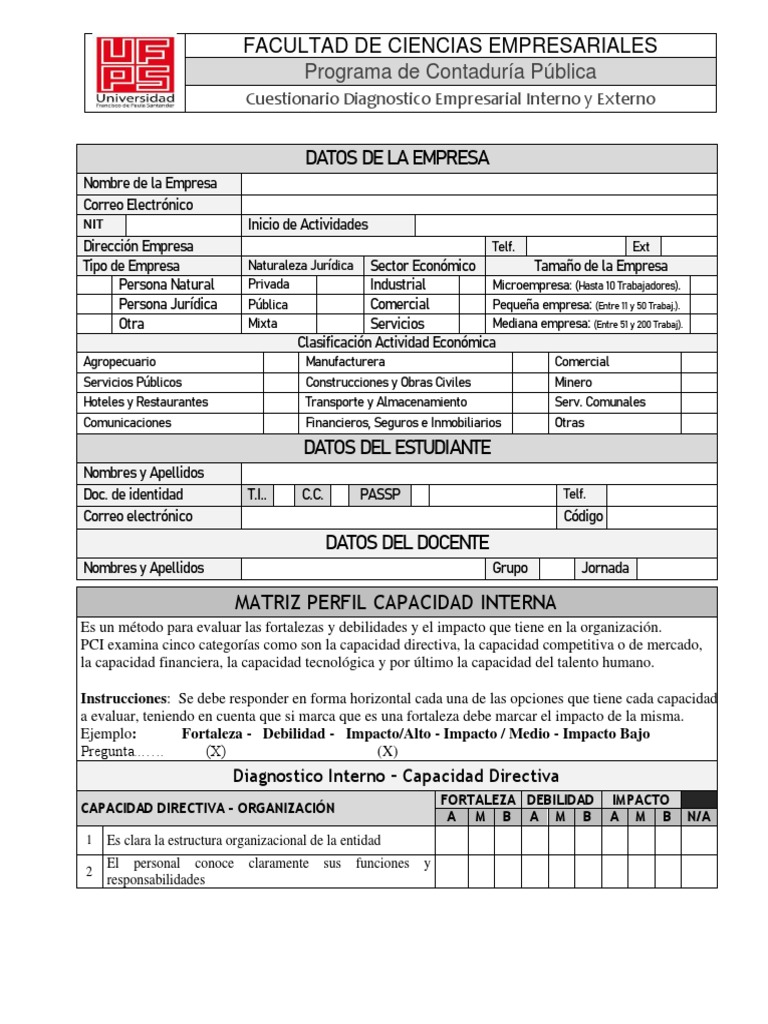 Cuestionario Diagnostico Empresarial Interno y Externo | PDF | Calidad ... Cuestionario Diagnostico Empresarial Interno y Externo | PDF | Calidad ...