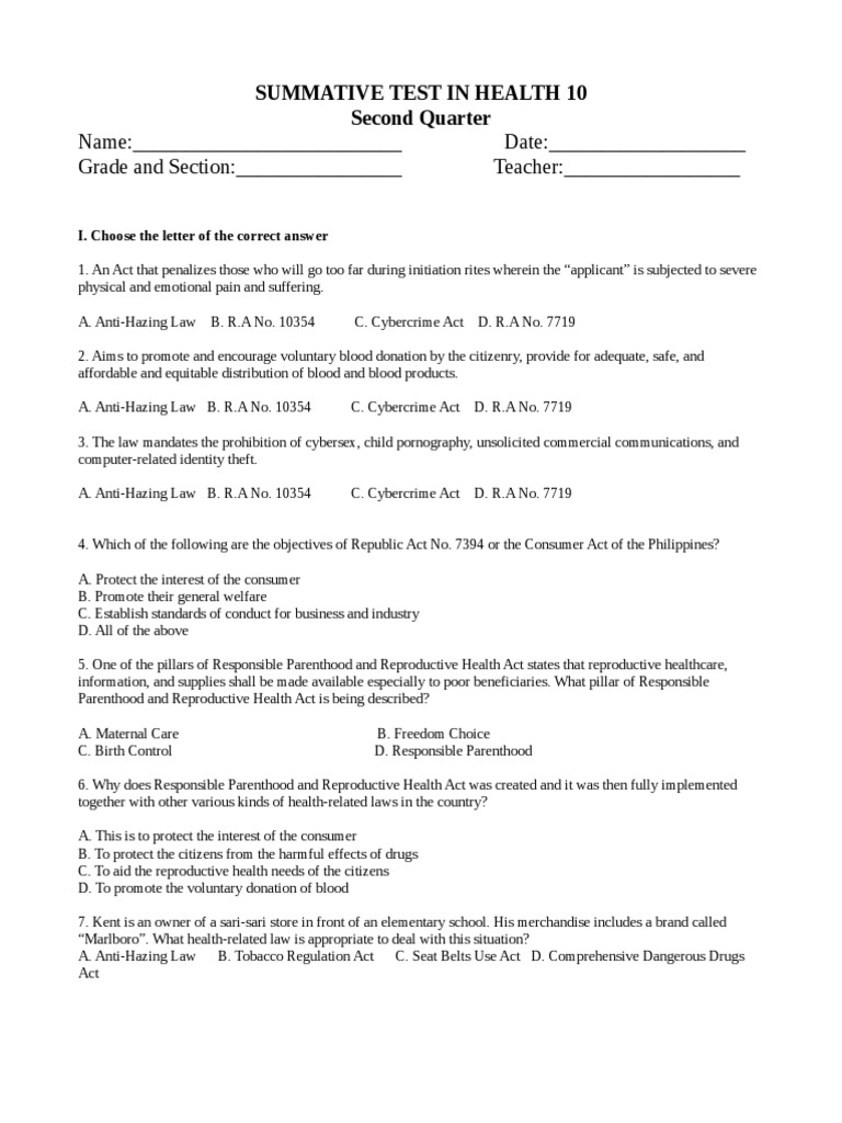 Summative Test (Health) | PDF | Health Care