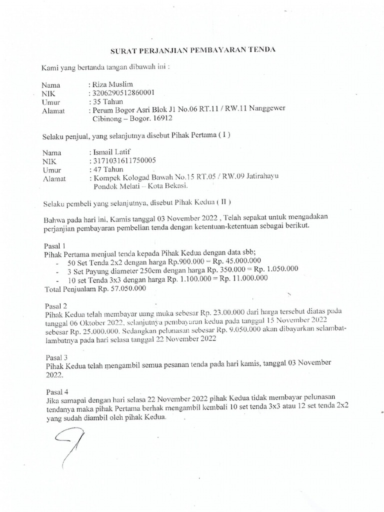Surat Perjanjian Pembayaran Tenda Part 2 | PDF