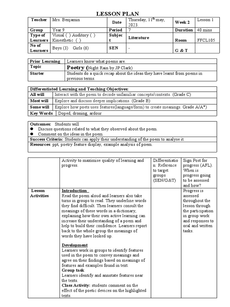 Planner Y9 t3wk4 - Lit | PDF | Learning | Poetry