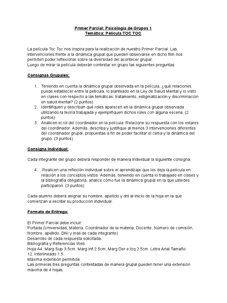 Primer Parcial - Película TOC TOC. | PDF | Sicología | Cognición