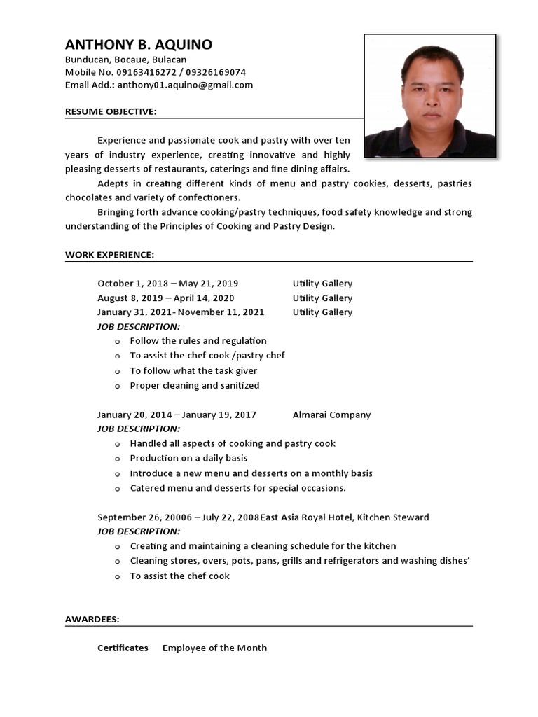 Anthony Aquino Resume | PDF | Cooking | Restaurants