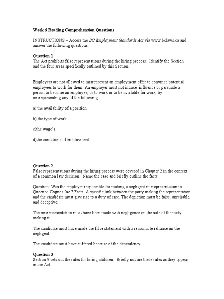 Week 6 Reading Comprehension Questions | PDF | Employment | Overtime