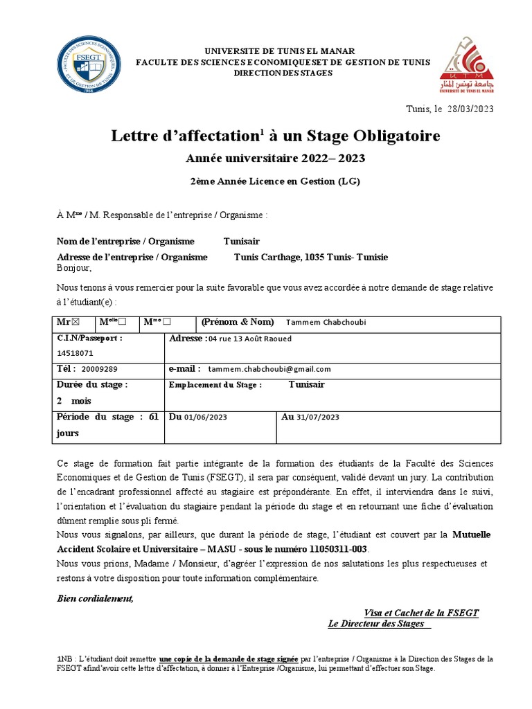 Formulaire Lettre Affectation Stage Obligatoire 20222023 | PDF Formulaire Lettre Affectation Stage Obligatoire 20222023 | PDF