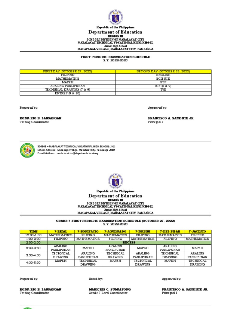 1st Periodic-Examination Schedule 2022-2023 | PDF | Middle Schools | Philippines