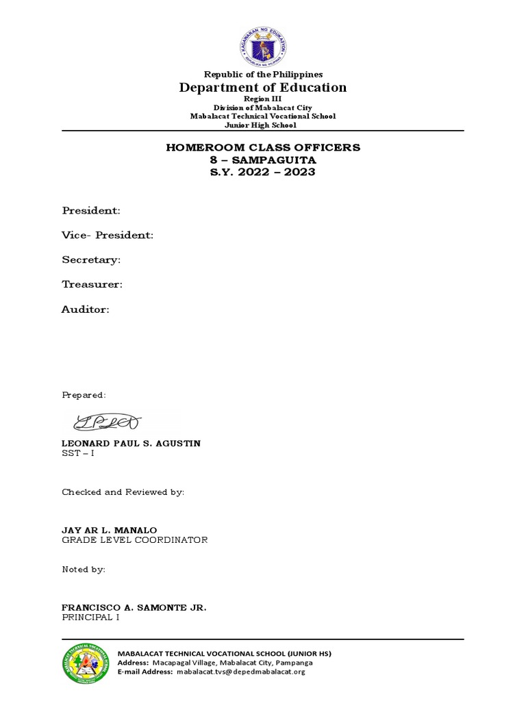 Grade 8 MTVSJHS - Homeroom Class Officers 2022 2023 | PDF