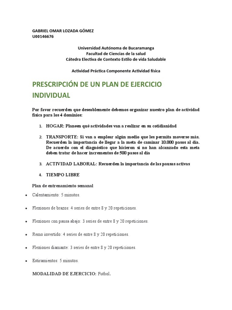 Plan de Entrenamiento Fisico Semanal | PDF | Salud y bienestar | Estilo de vida