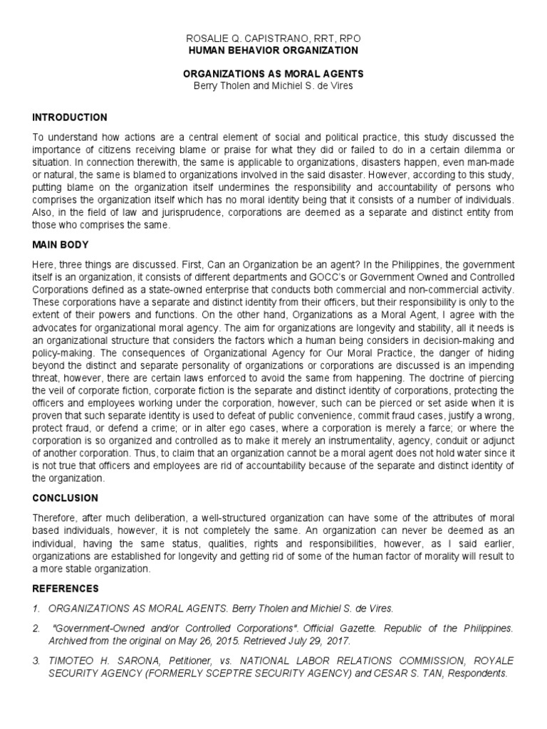 Human Behavior Organization Organizations As Moral Agents | PDF ...