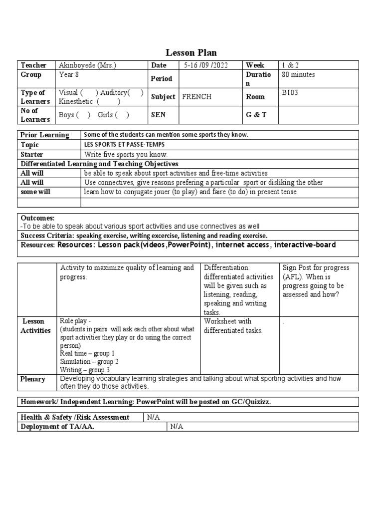 French Lesson Plan (Year 8) | PDF | Lesson Plan | Learning