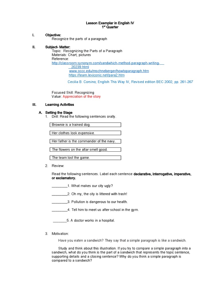 Eng4 - MELC Q1 - 1recognize The Parts of A Simple Paragraph | PDF