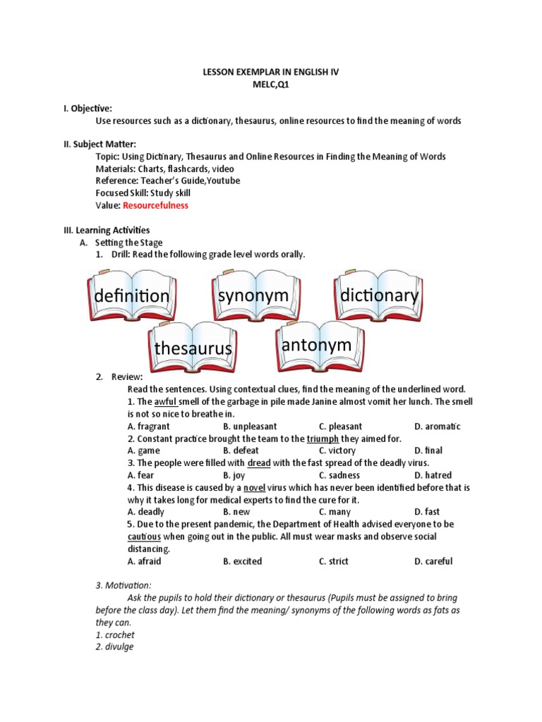 Eng4 - MELC Q1 - 2 Use Resources Such As A Dictionary, Thesaurus ...
