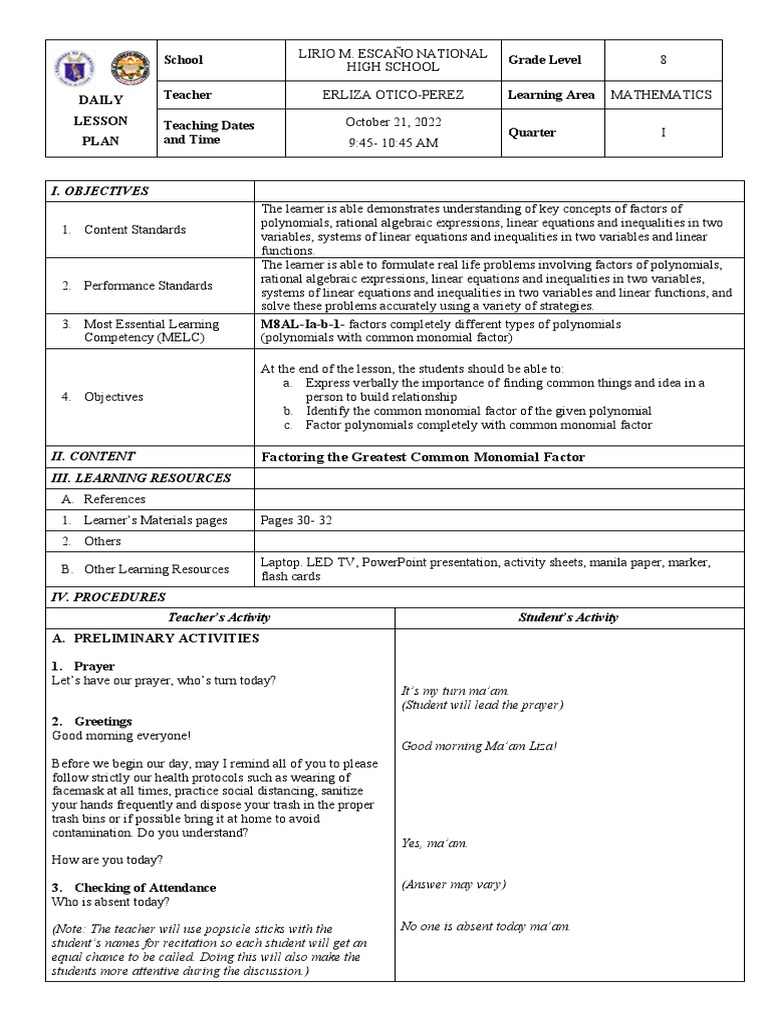 DLP - Math 8 - Common Monomial Factor | PDF